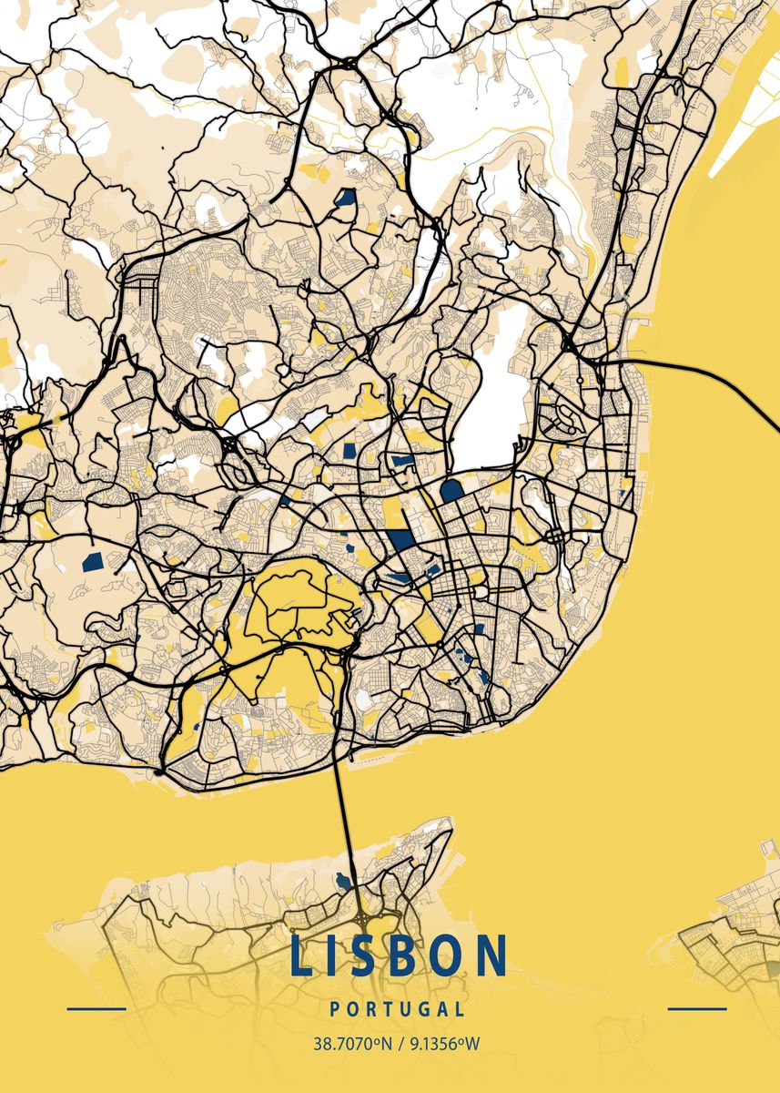 'Lisbon Yellow City Map' Poster, picture, metal print, paint by Tien ...