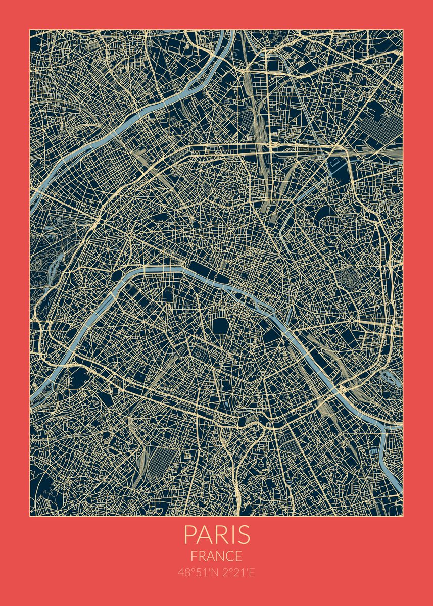 'Paris Map Red Blue' Poster by dkDesign | Displate