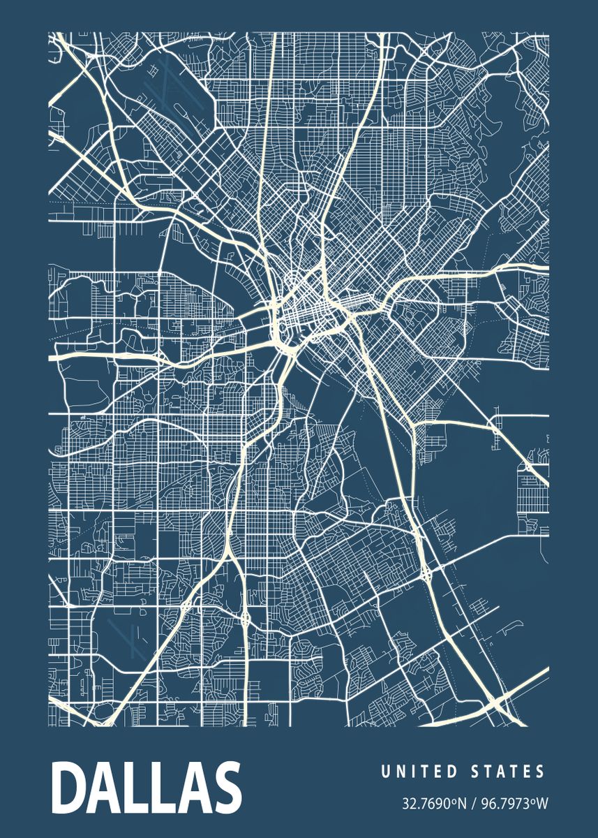 'Blueprint map Dallas' Poster, picture, metal print, paint by ...