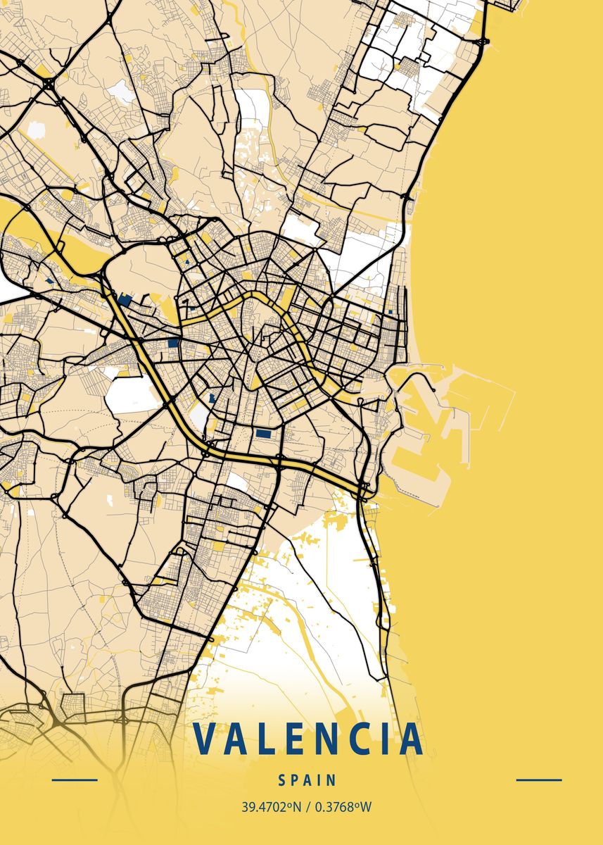 'Valencia Yellow City Map' Poster, picture, metal print, paint by Tien ...