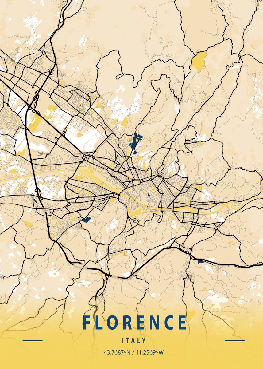 'Florence Yellow City Map' Poster, picture, metal print, paint by Tien ...