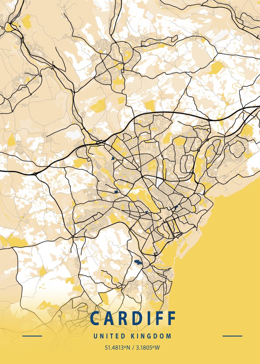 'Cardiff Yellow City Map' Poster, picture, metal print, paint by Tien ...