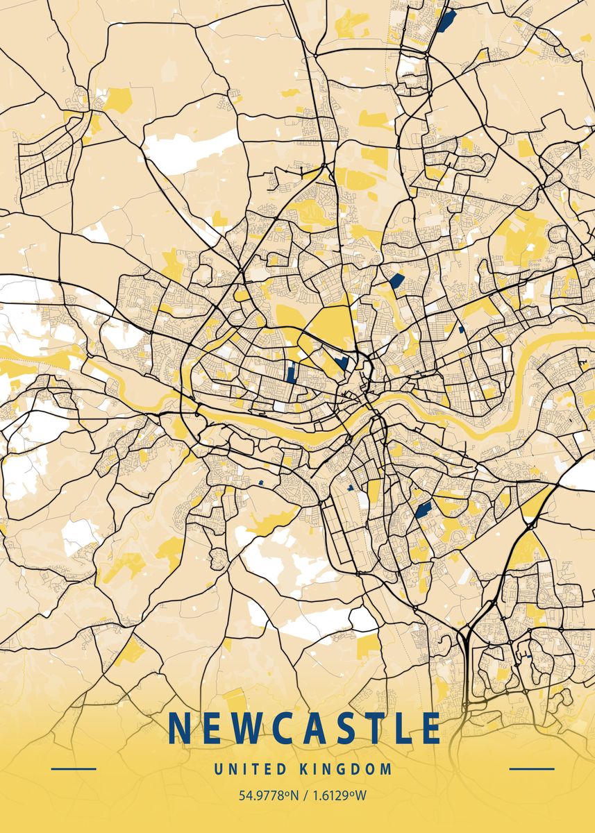 'Newcastle Yellow City Map' Poster, picture, metal print, paint by Tien ...