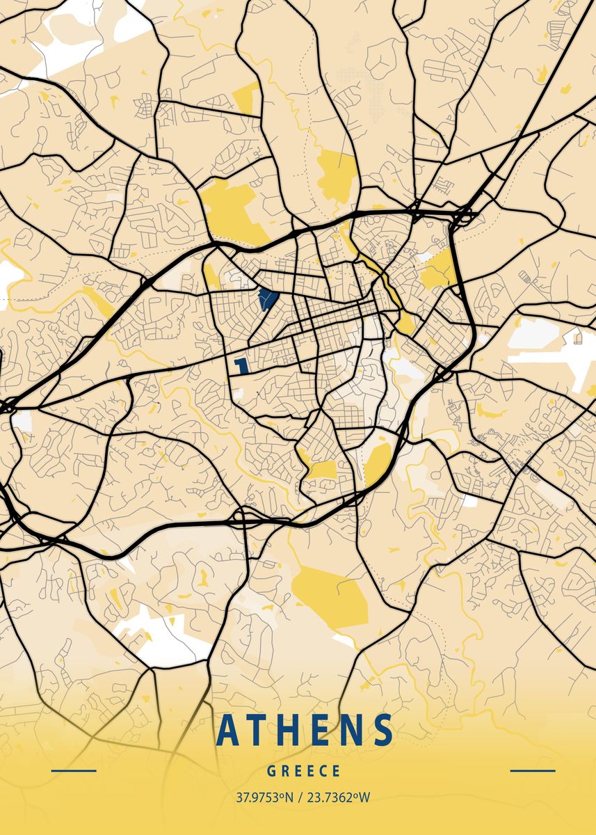 'Athens Yellow City Map' Poster, picture, metal print, paint by Tien ...