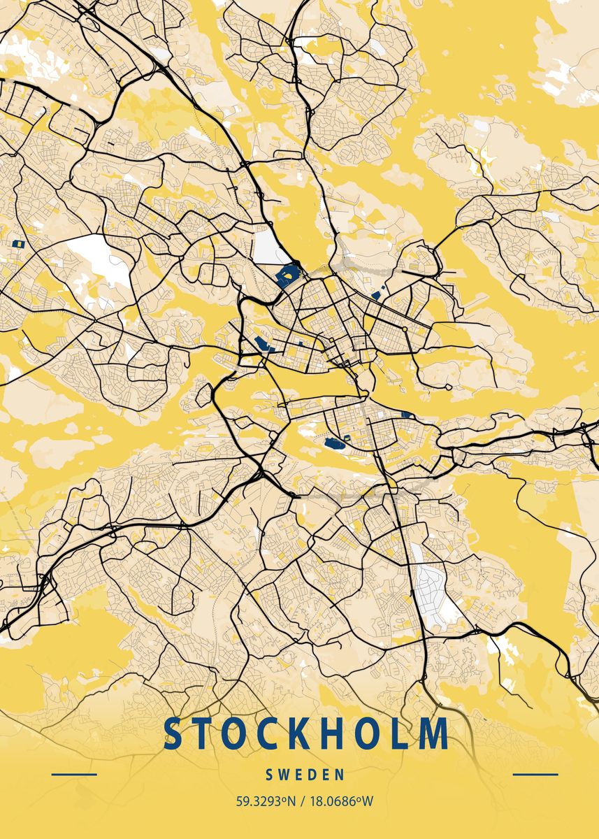 'Stockholm Yellow City Map' Poster, picture, metal print, paint by Tien ...