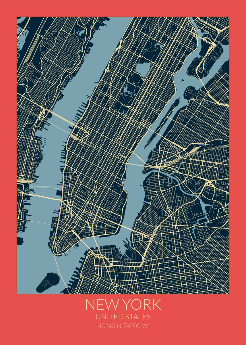 'New York Map Red Blue' Poster, picture, metal print, paint by dkDesign ...