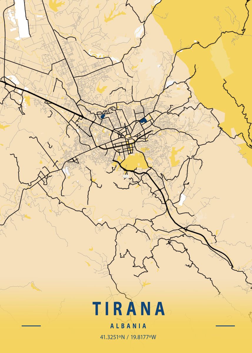 'Tirana Yellow City Map' Poster, picture, metal print, paint by Tien ...