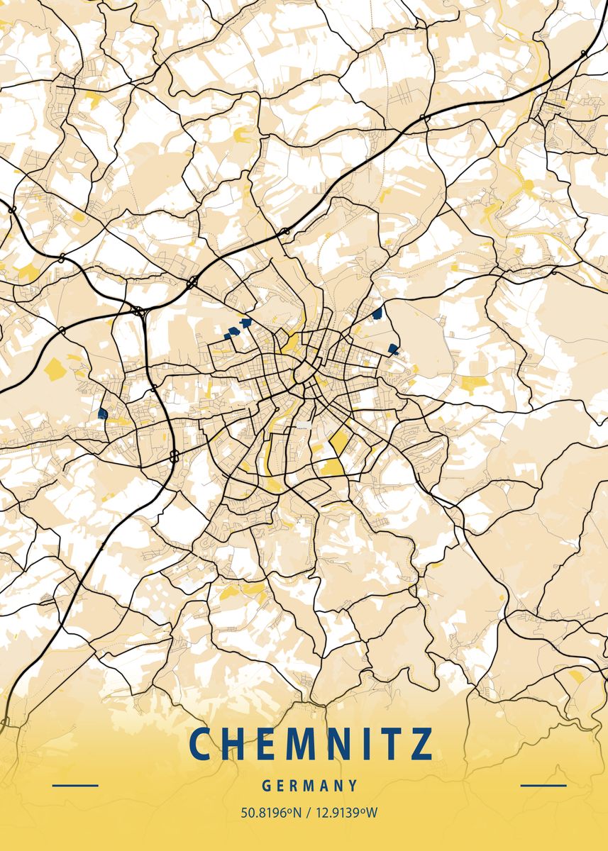 'Chemnitz Yellow City Map' Poster by Tien Stencil | Displate