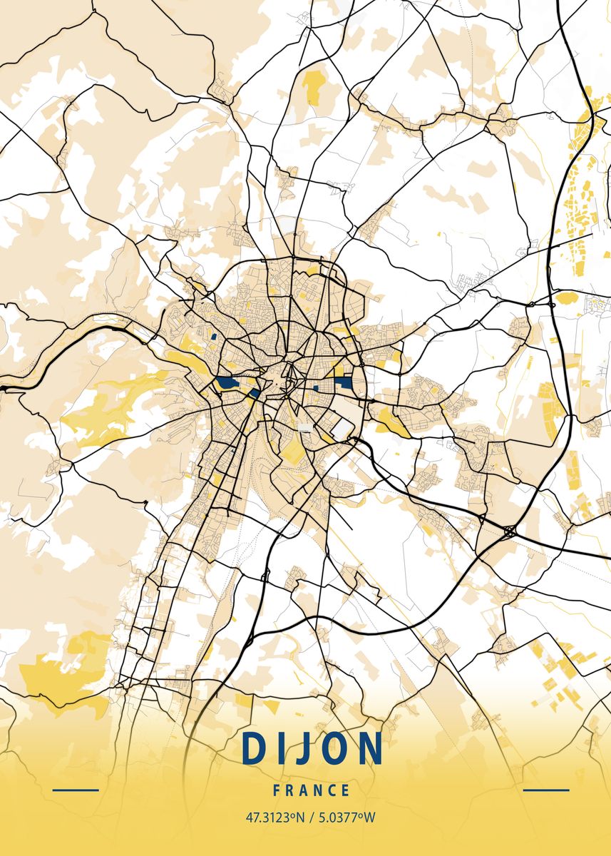'Dijon Yellow City Map' Poster, picture, metal print, paint by Tien ...