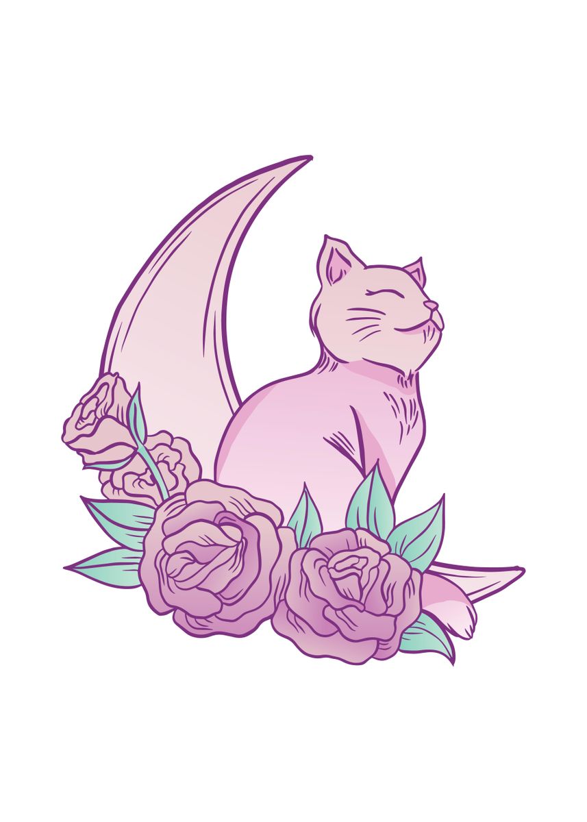 'Pink Cat Moon Floral' Poster by StonerPlates | Displate