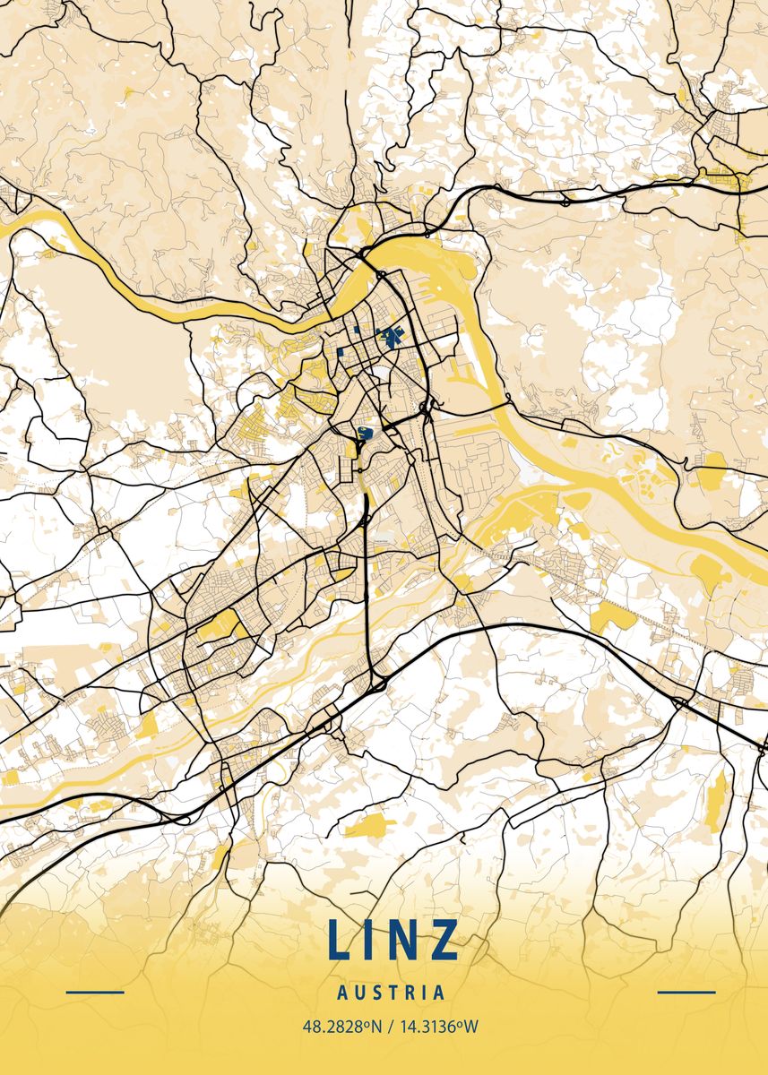 'Linz Yellow City Map' Poster by Tien Stencil | Displate