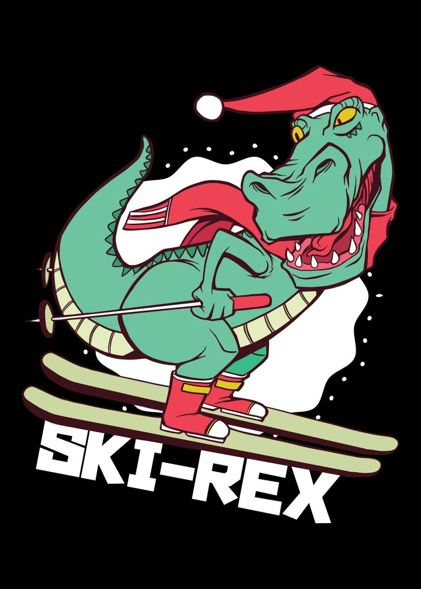 'Funny Dino Ski Rex Skiing' Poster, picture, metal print, paint by Phil ...