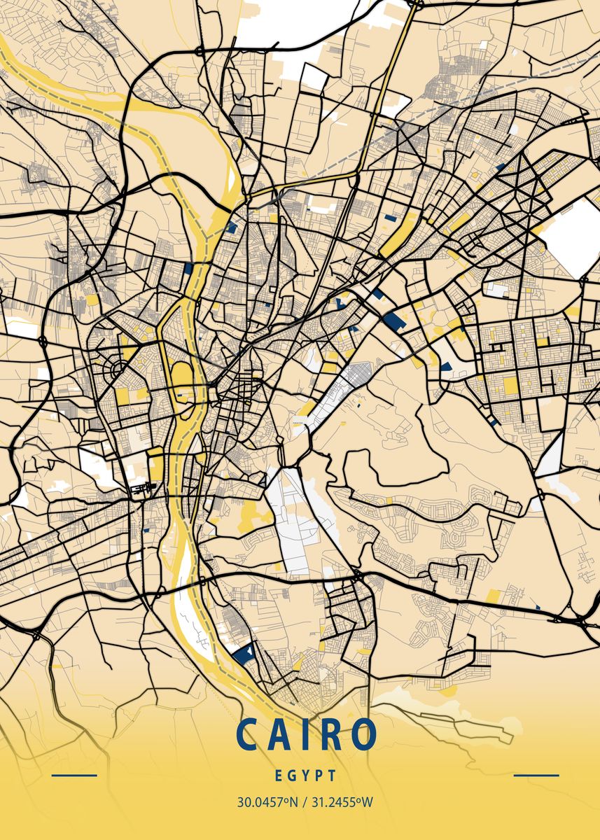 'Cairo Yellow City Map' Poster, picture, metal print, paint by Tien ...