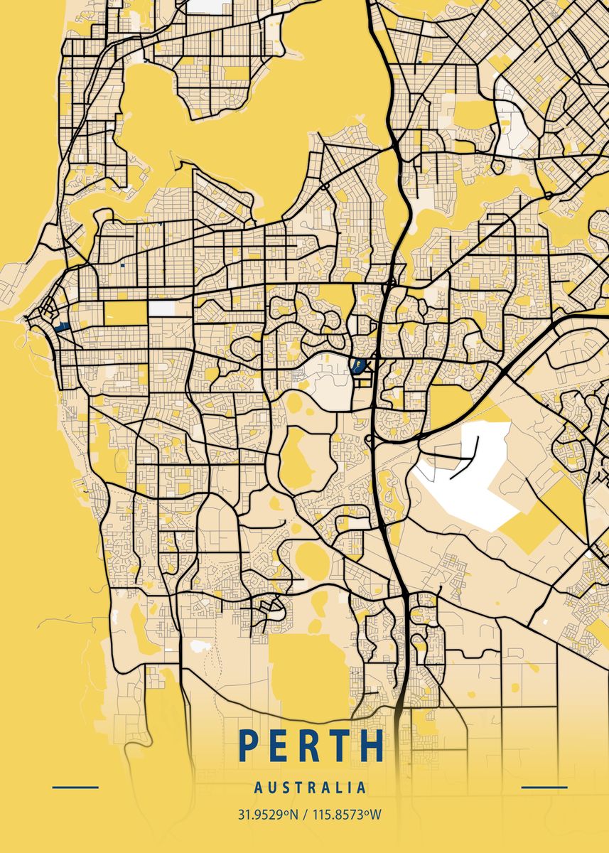 'Perth Yellow City Map' Poster, picture, metal print, paint by Tien ...