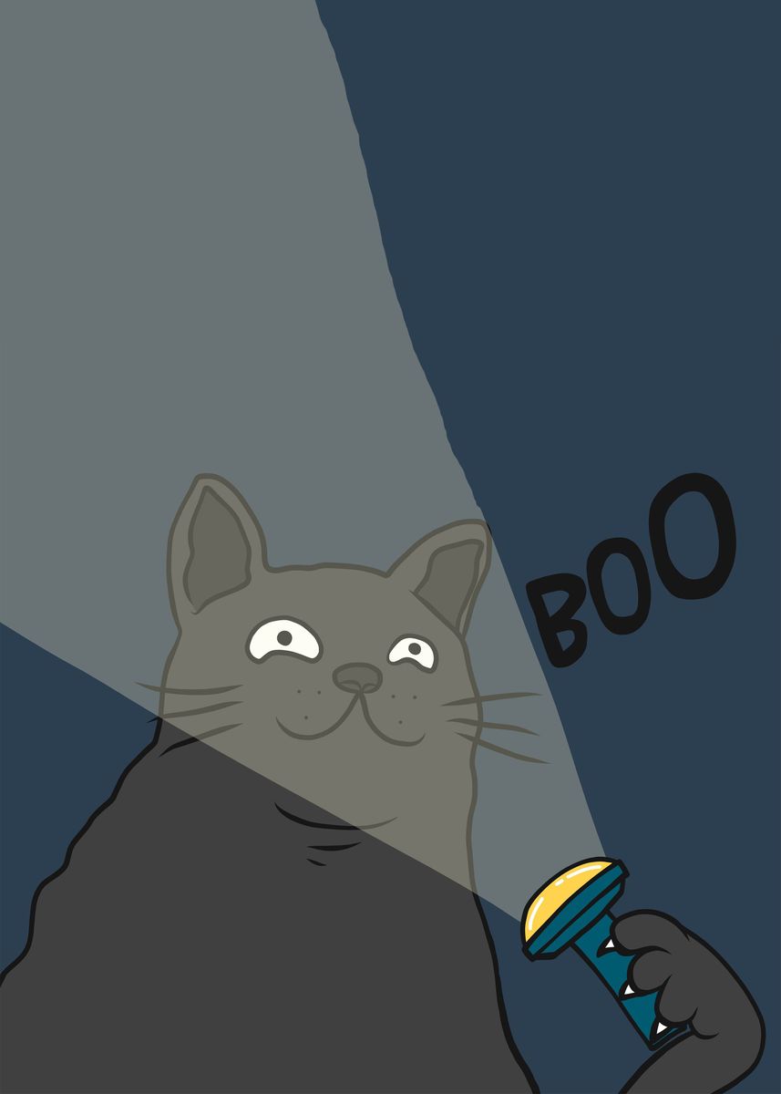'Black fat cat flashlight ' Poster, picture, metal print, paint by ...