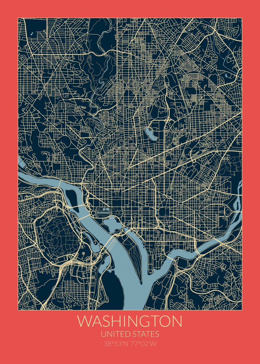 'Washington Map Red Blue' Poster, picture, metal print, paint by ...