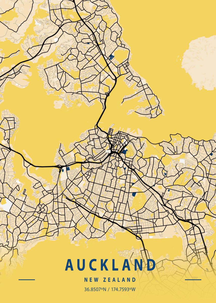 'Auckland Yellow City Map' Poster, picture, metal print, paint by Tien ...