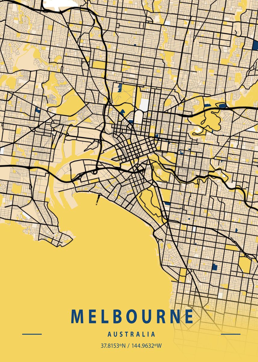 'Melbourne Yellow City Map' Poster, picture, metal print, paint by Tien ...