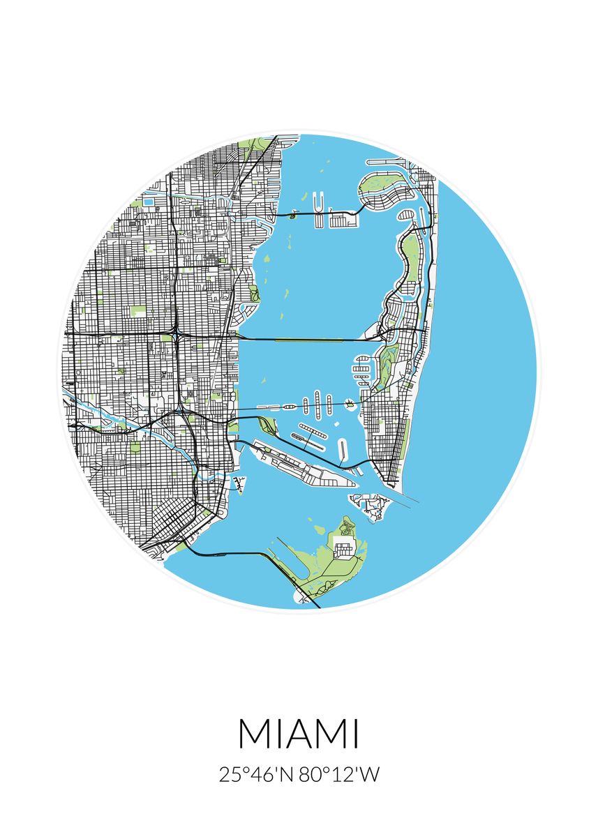 'Miami Circle City Map' Poster, picture, metal print, paint by dkDesign ...