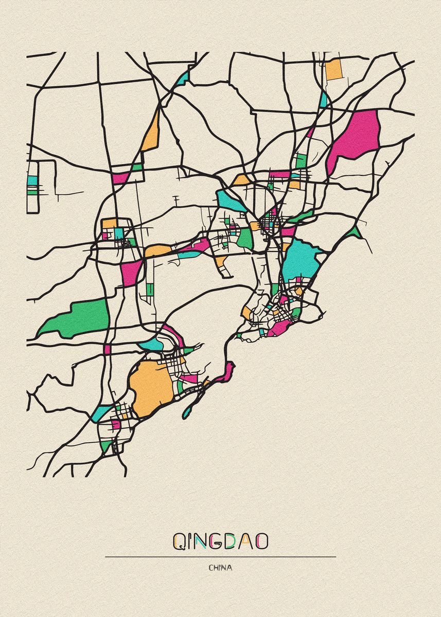 'Qingdao Map' Poster, picture, metal print, paint by Deniz A. | Displate