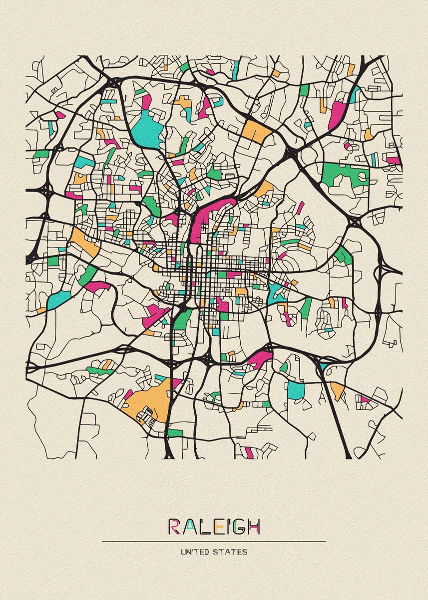 'Raleigh Map' Poster, picture, metal print, paint by Deniz A. | Displate