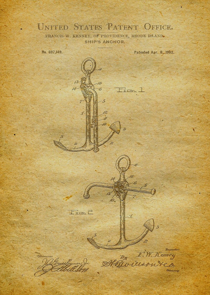 '2 Ships Anchor Patent Pr' Poster, picture, metal print, paint by ...