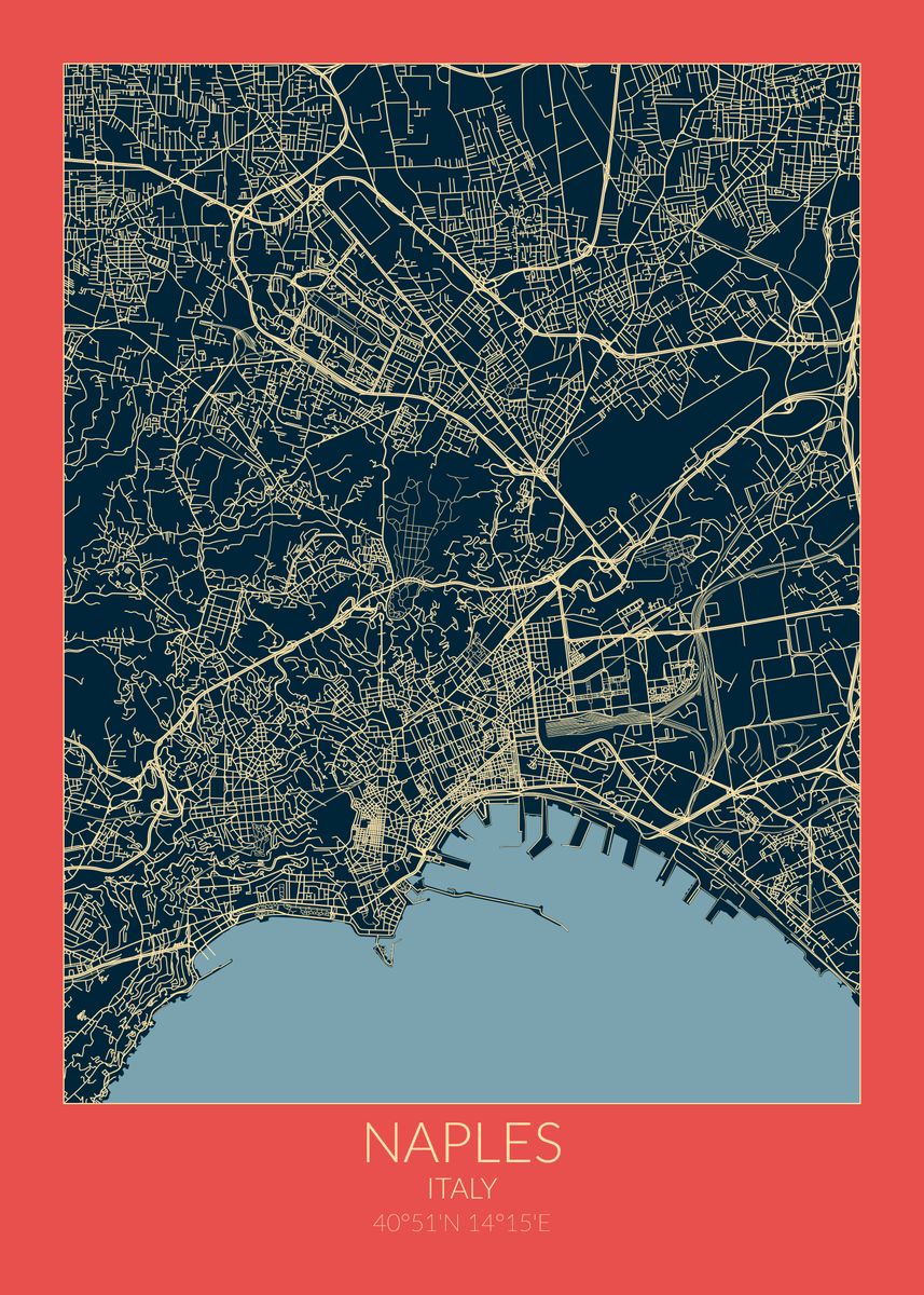 'Naples Map Red Blue' Poster, picture, metal print, paint by dkDesign ...