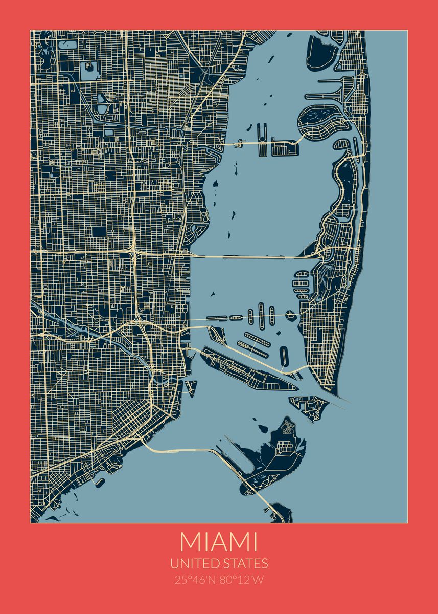 'Miami Map Red Blue' Poster, picture, metal print, paint by dkDesign ...