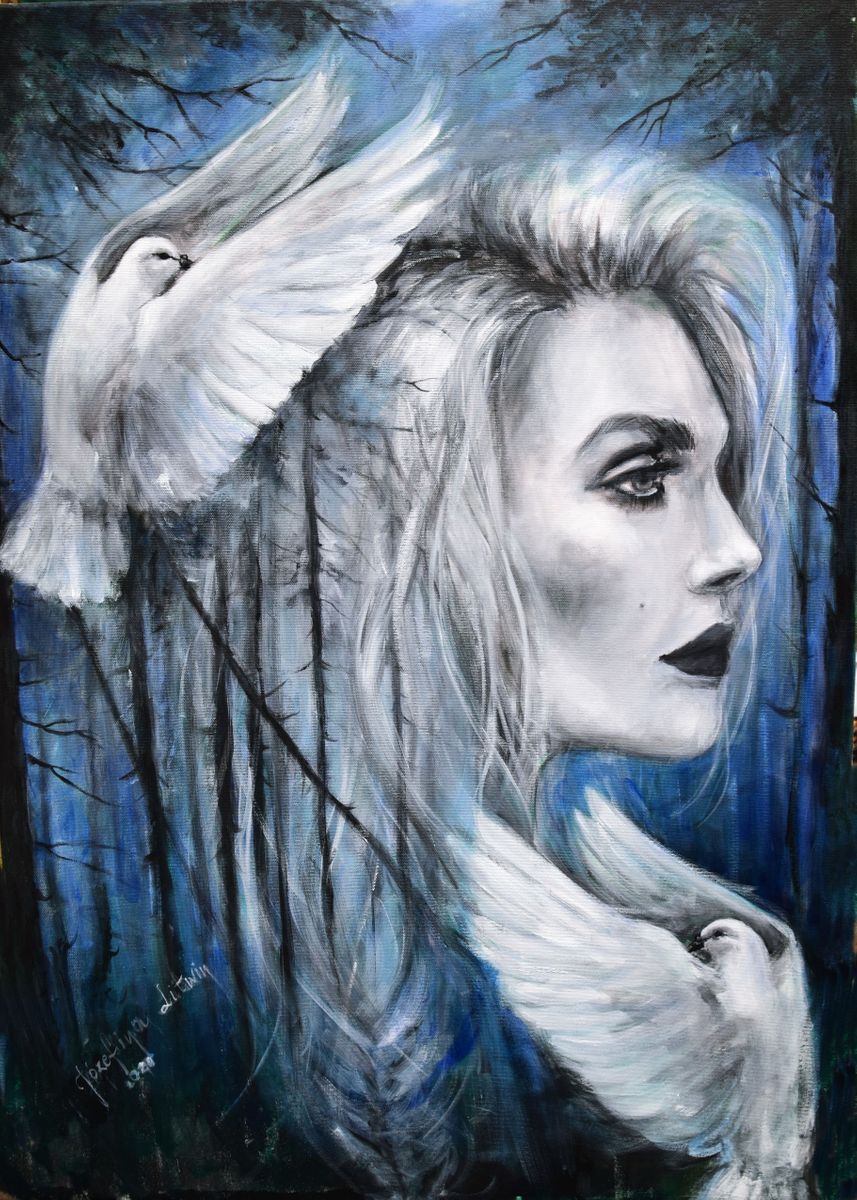 'LADY BIRD girl with doves' Poster, picture, metal print, paint by ...