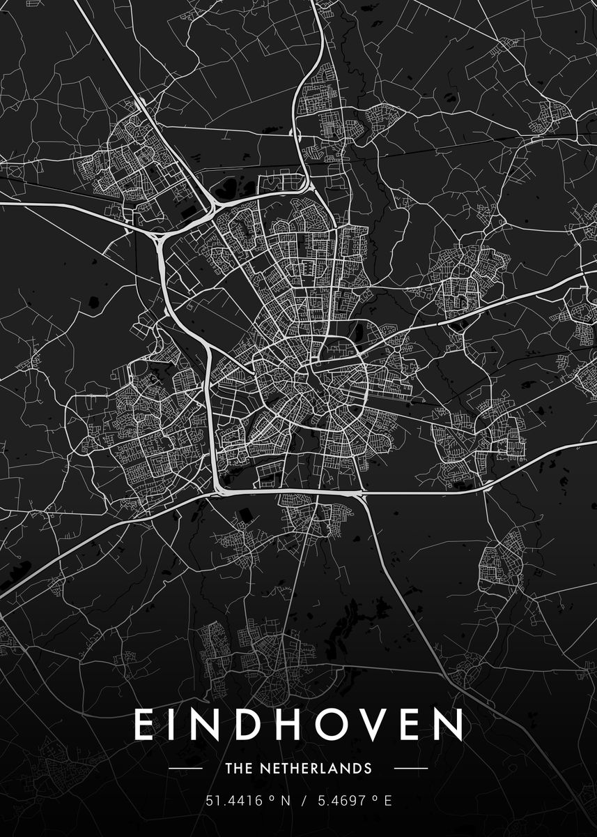 'Eindhoven City Map Dark' Poster, picture, metal print, paint by MVDZ ...