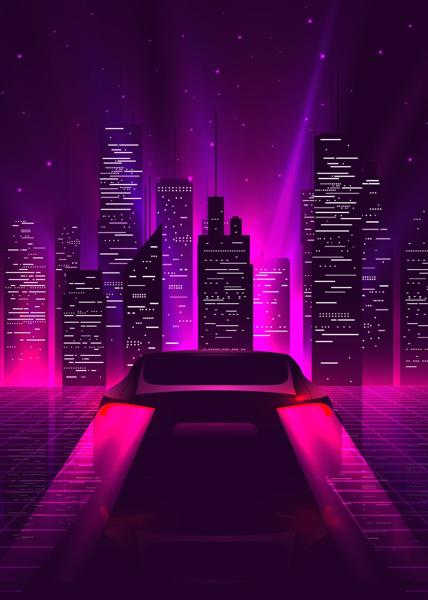 'Neon Retro City Car ' Poster, picture, metal print, paint by ...