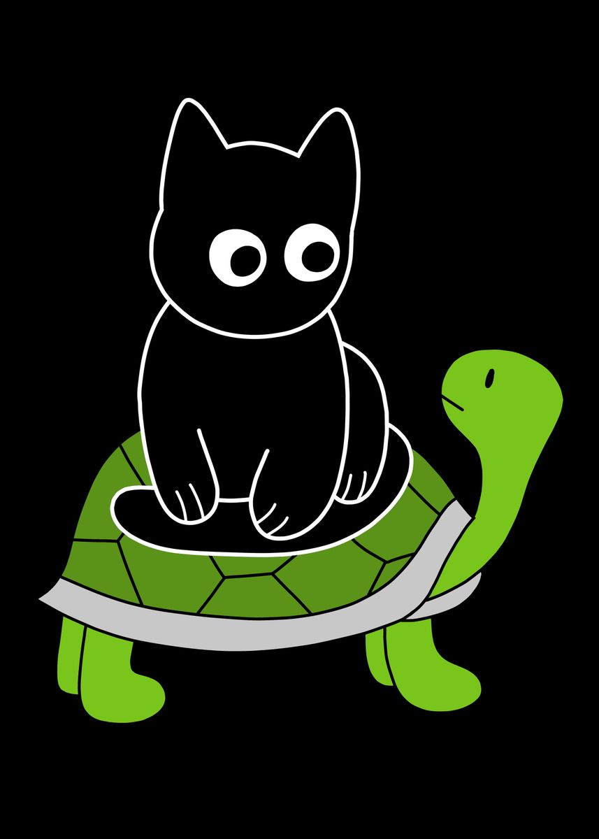 'Black Cat Riding Turtle' Poster, picture, metal print, paint by ...