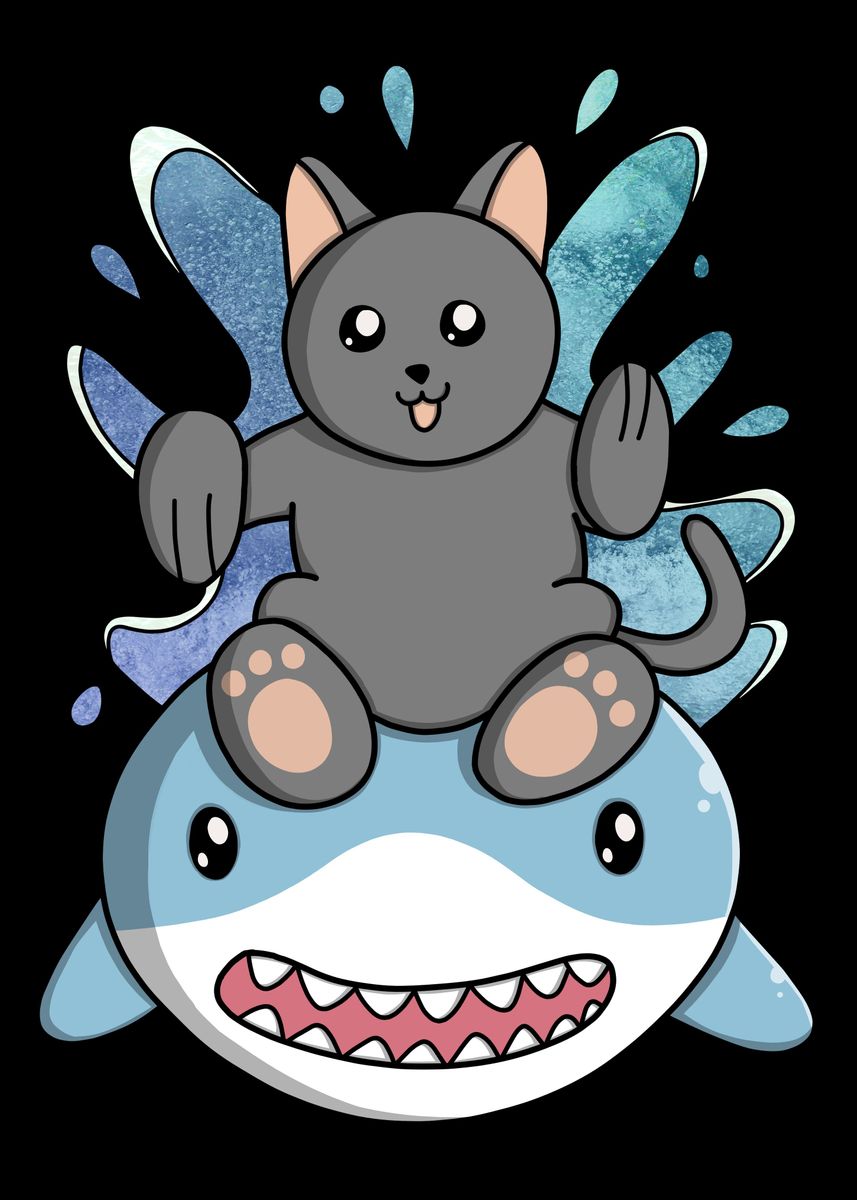 'Cat Rides Swimming Shark' Poster, picture, metal print, paint by ...
