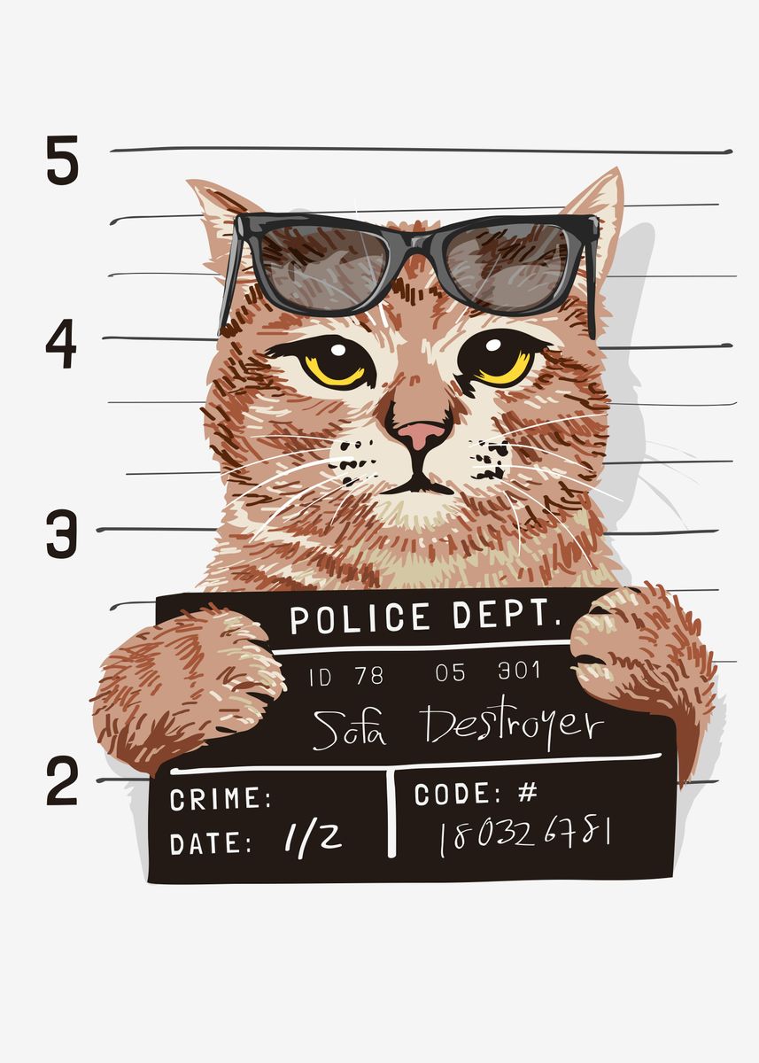 'Bad cat at the police stat' Poster, picture, metal print, paint by ...