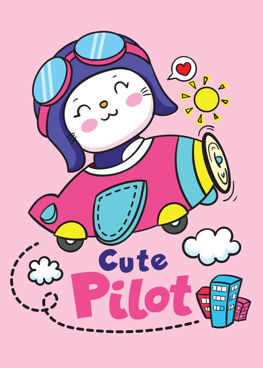 'Cute Pilot cat' Poster, picture, metal print, paint by Space Familar ...