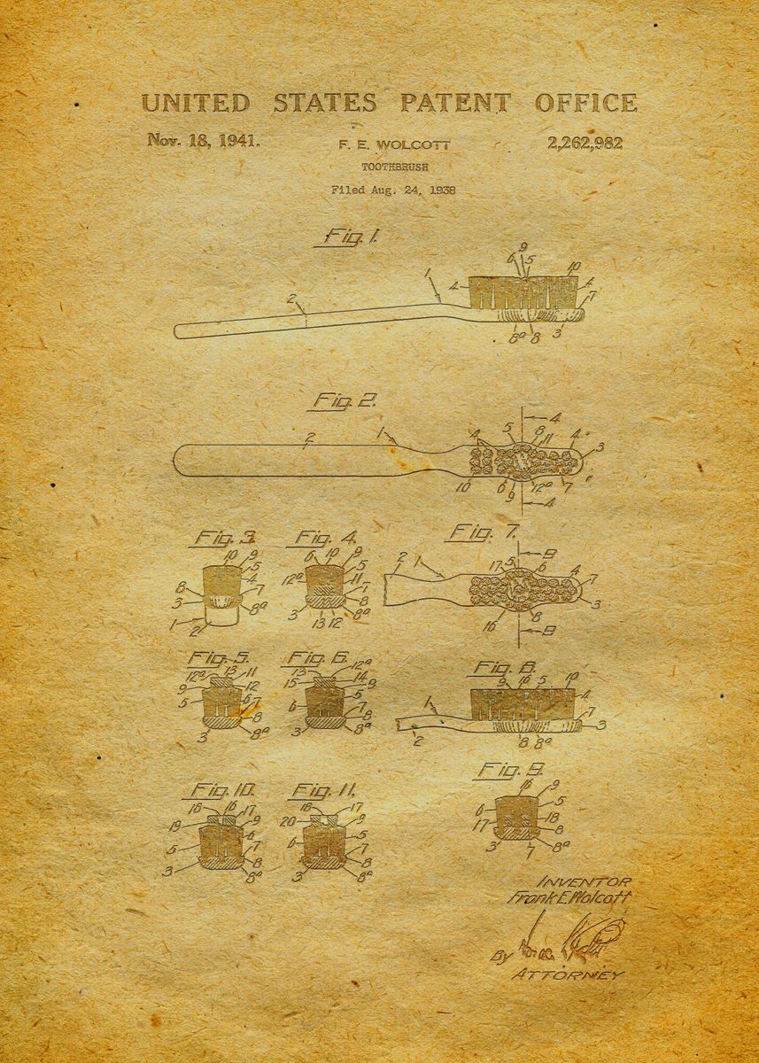 '16 Toothbrush Patent' Poster, picture, metal print, paint by Kaleigh ...