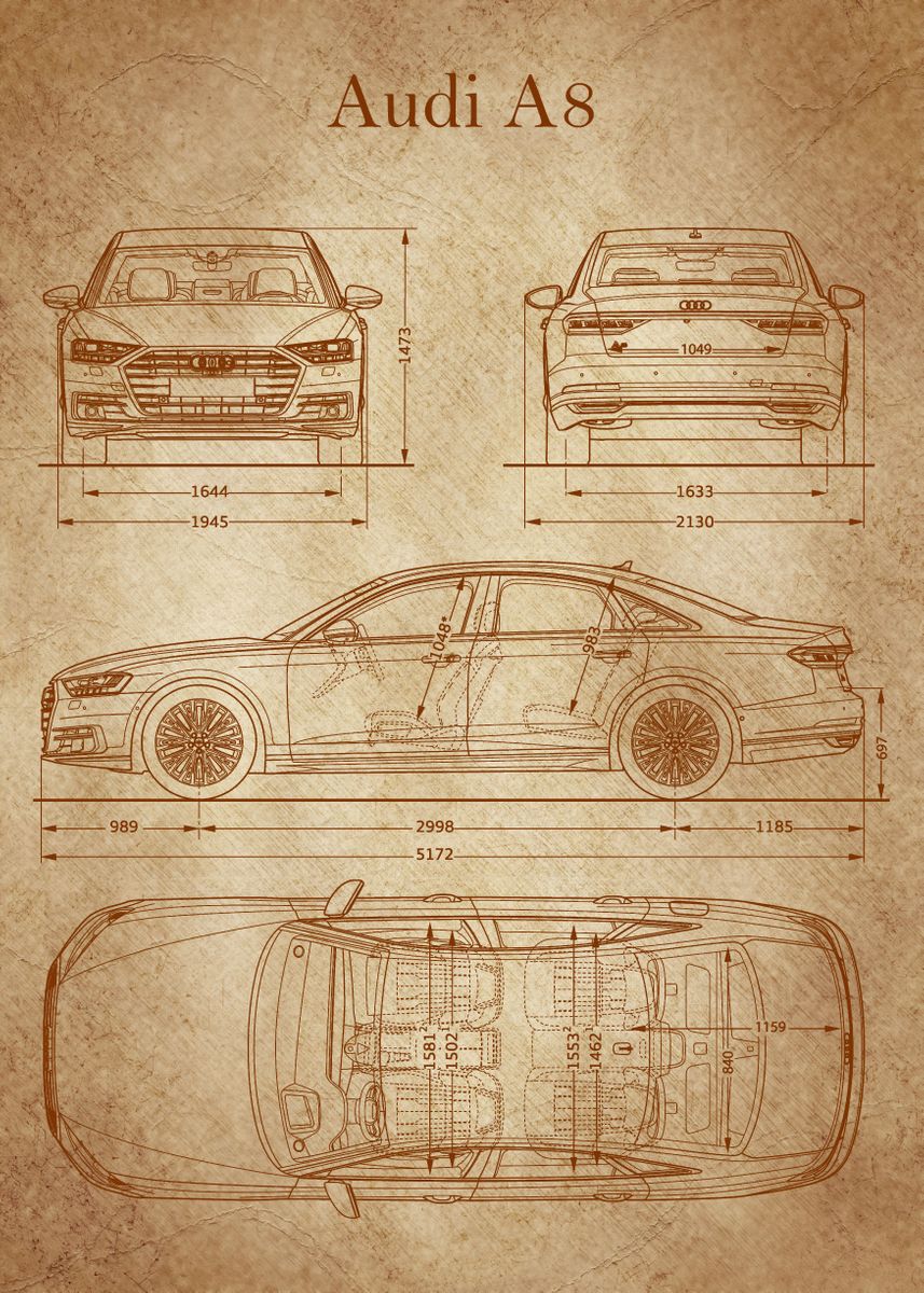 'Audi A8 2017 Blueprint old' Poster, picture, metal print, paint by ...