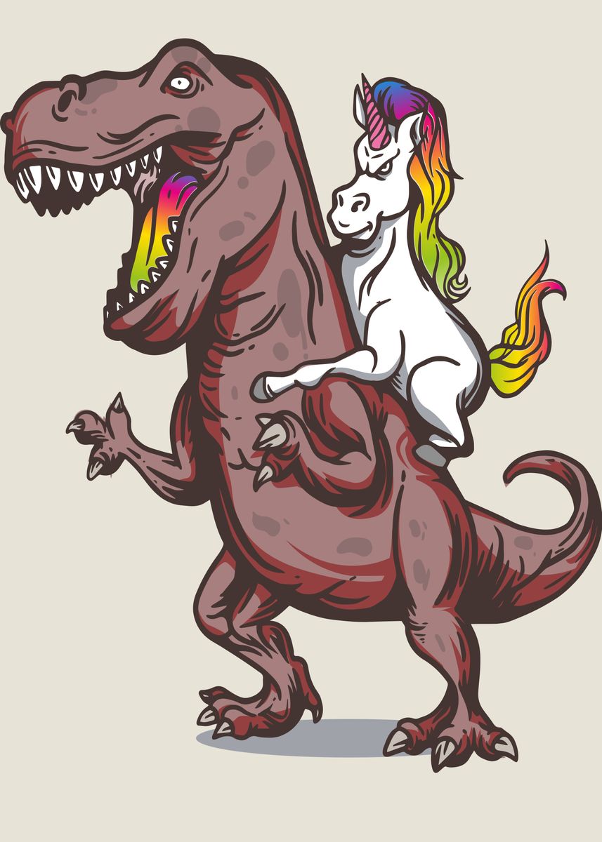 'Unicorn Riding T Rex' Poster, picture, metal print, paint by ...