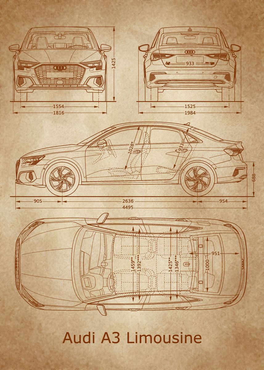 'audi A3 2020 blueprint ' Poster, picture, metal print, paint by The ...