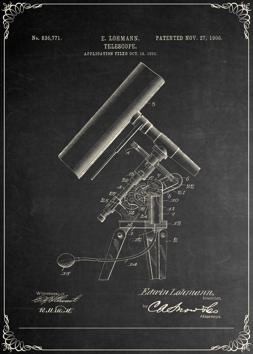 'Telescope Patent Blueprint' Poster, picture, metal print, paint by ...