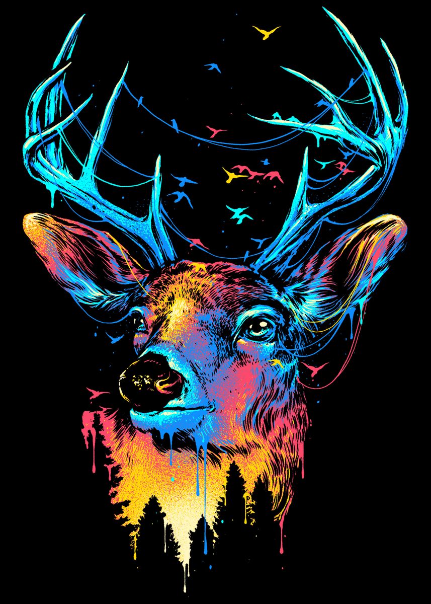 'Colorful Deer' Poster, picture, metal print, paint by glitchygorilla ...