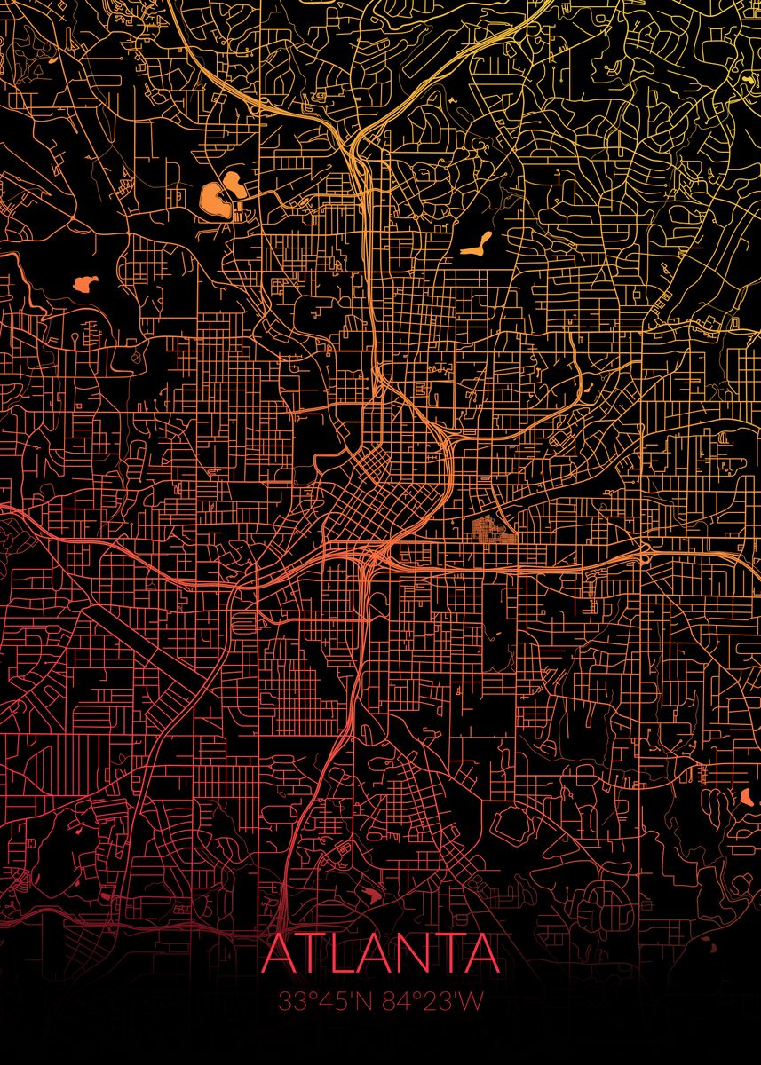 'Atlanta Map Black Orange' Poster, picture, metal print, paint by ...