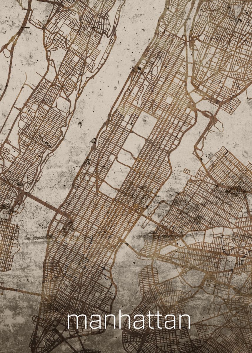 'Manhattan Rusty Street Map' Poster, picture, metal print, paint by ...