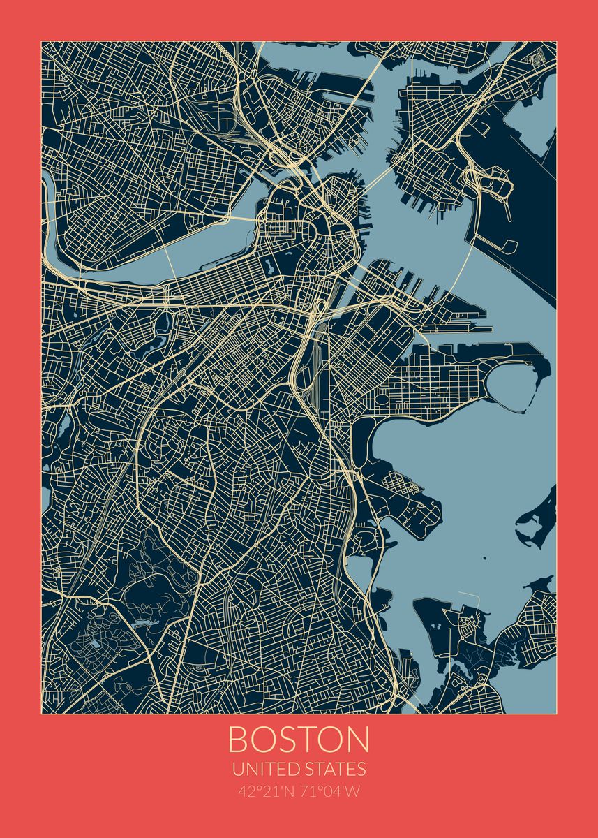 'Boston Map Red Blue' Poster by dkDesign | Displate