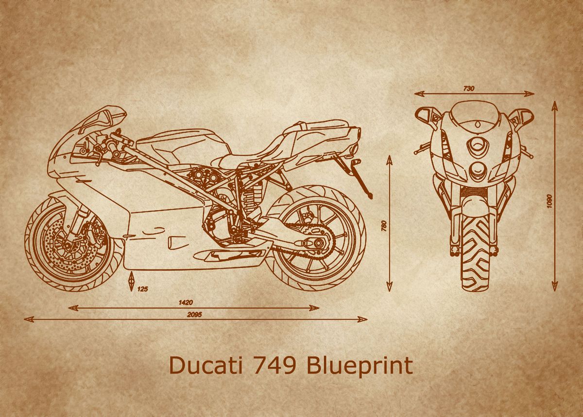 'Ducati 749 Blueprint old ' Poster by The Bright Art | Displate