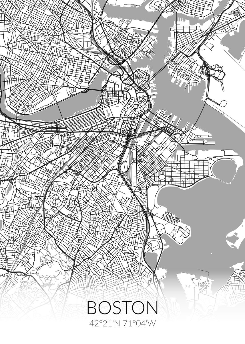 'Boston City Map White' Poster, picture, metal print, paint by dkDesign ...