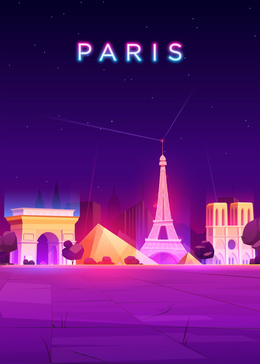 'Neon Paris Landmark' Poster, picture, metal print, paint by Kunyah ...