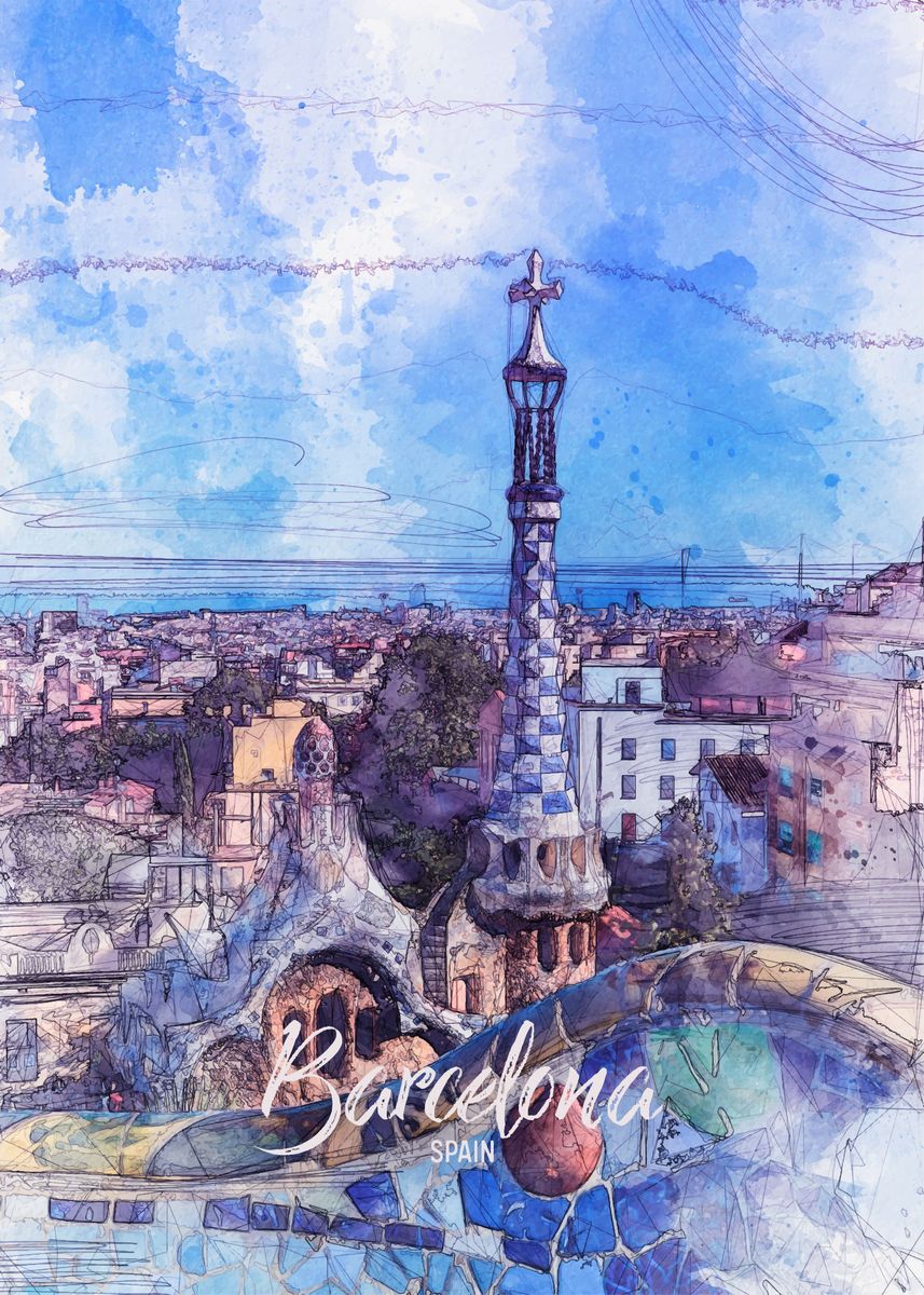 'Park Guell Sketch' Poster, picture, metal print, paint by Kilo Byte ...