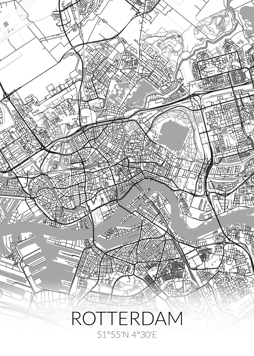 'Rotterdam City Map White' Poster, picture, metal print, paint by ...