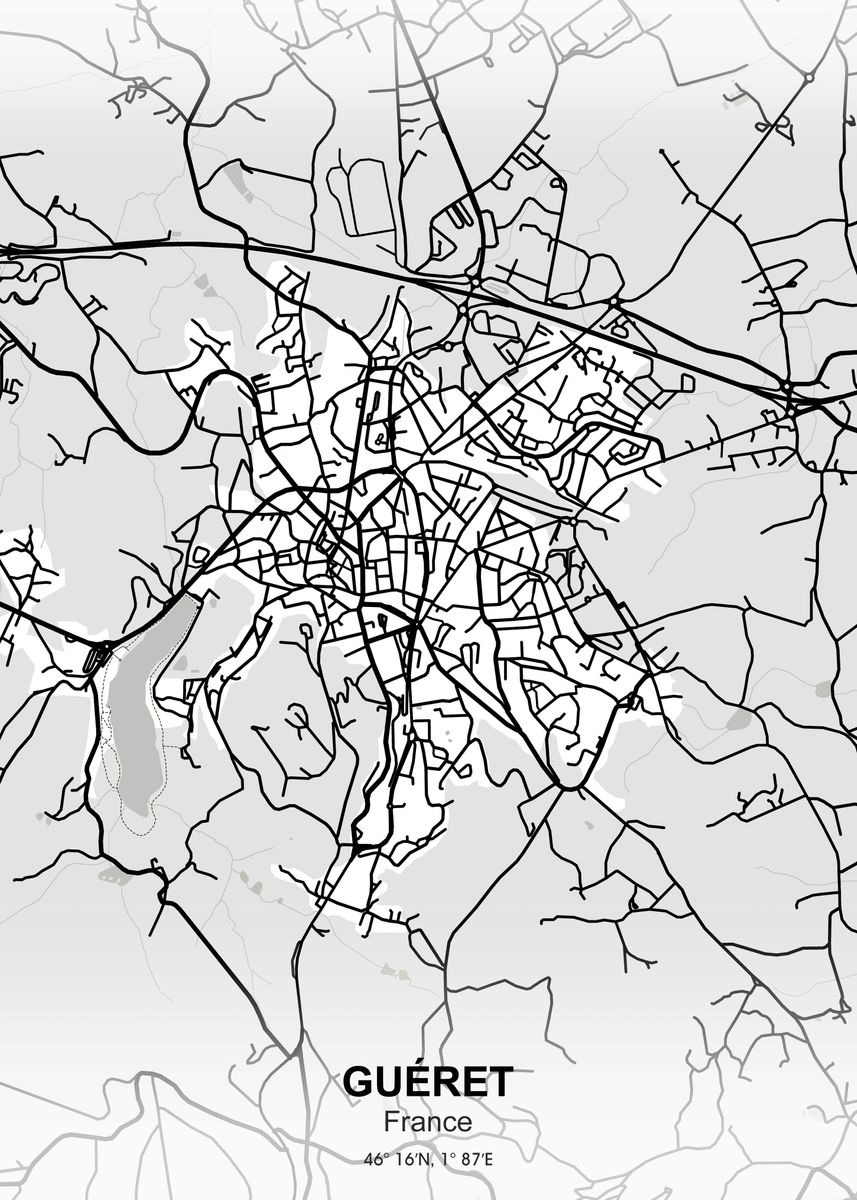 'gueret france city bw map' Poster by Project X | Displate